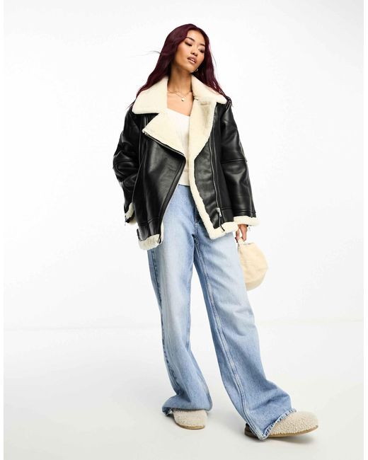 ASOS Faux Leather Bonded Borg Aviator Jacket in Black | Lyst