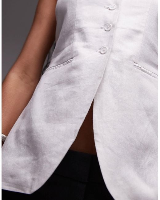 TOPSHOP Linen Mix Longline Fitted Vest With Pockets in Gray | Lyst