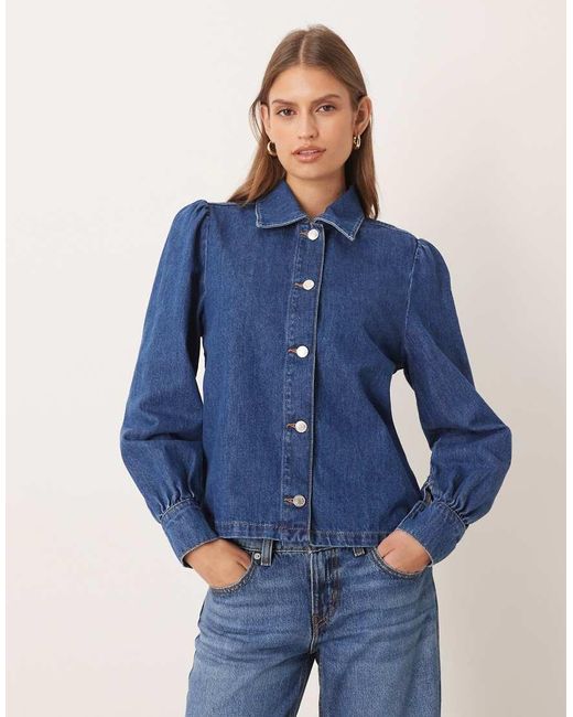 ASOS Denim 70s Style Puff Sleeve Top in Blue | Lyst UK