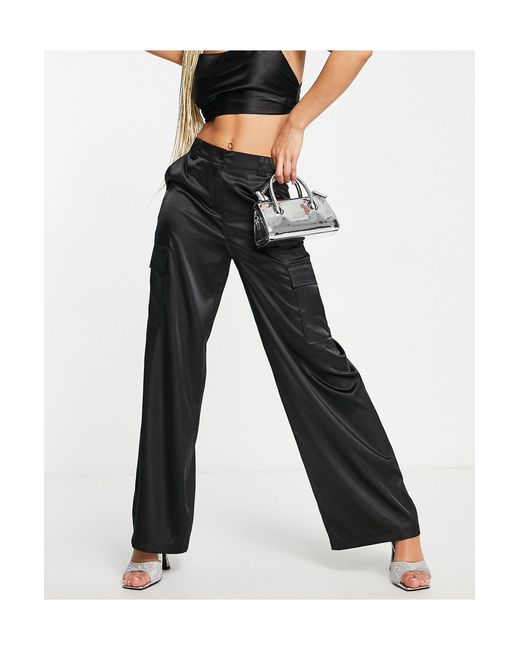 Asos Satin Wide Leg Cargo Trousers In Black Lyst Canada