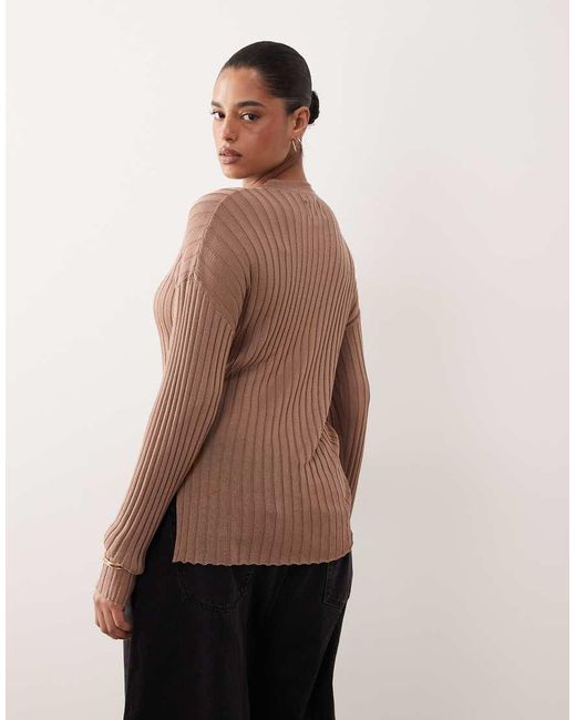 ARRANGE Curve Fine Rib Knit Top in Brown | Lyst UK