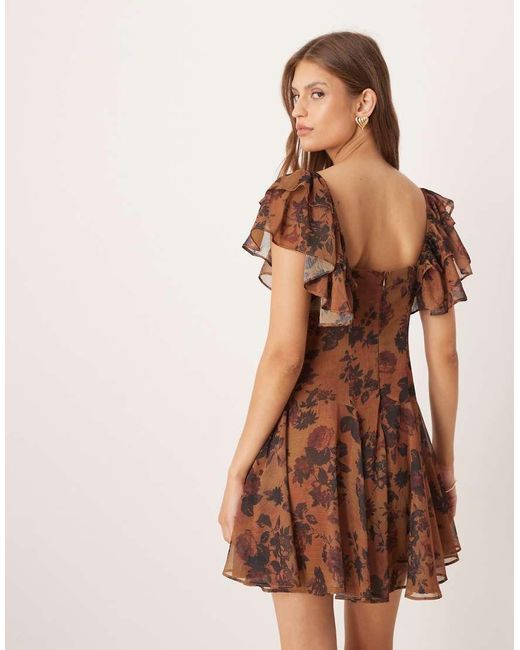 ASOS Chiffon Mini Tea Dress With Ruffle Hem in Brown | Lyst UK