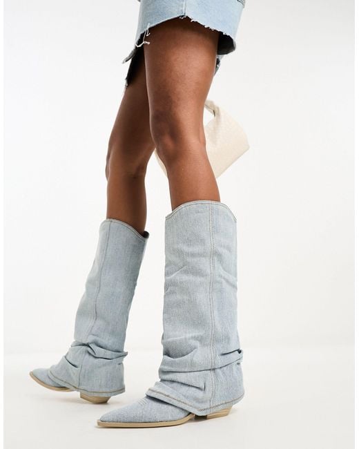 Bershka Calf Length Denim Covered Boots in Blue | Lyst