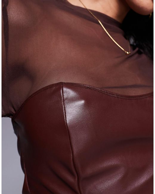 ASOS Mesh Long Sleeve Top With Leather Look Corset Bandeau Detail in ...