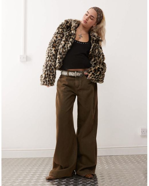 Collusion Leopard Print Faux Fur Trucker Jacket in Brown | Lyst