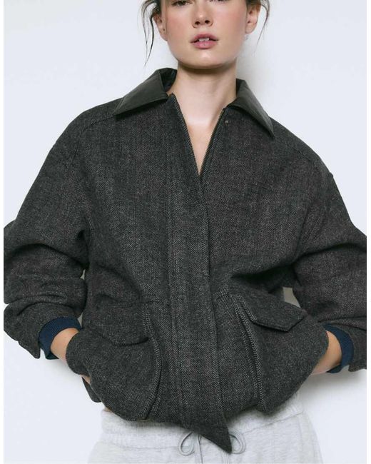 Stradivarius Herringbone Jacket With Pockets in Black | Lyst UK