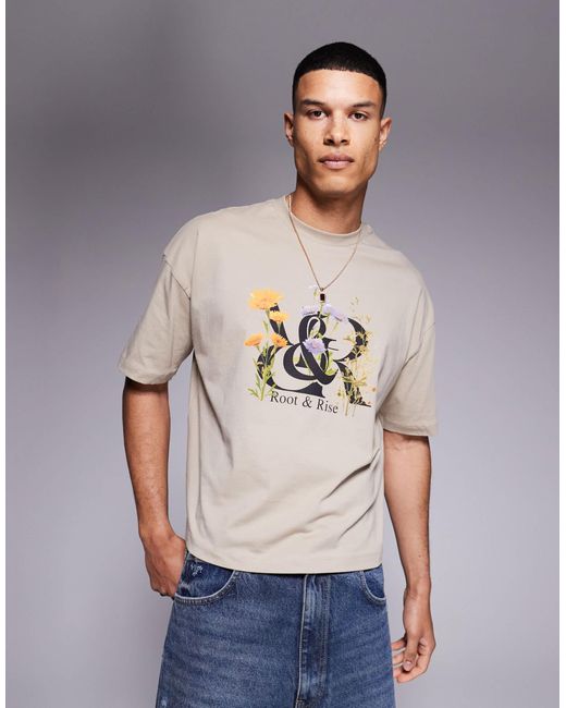 ASOS Boxy Oversized T-shirt With Floral Front Print in Gray for Men | Lyst
