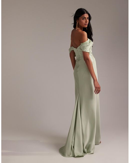 ASOS Bridesmaids Bardot Satin Maxi Dress in Gray | Lyst