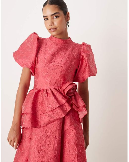 Sister Jane Dream Boudoir Jacquard Midi Dress With Rosette in Red | Lyst UK