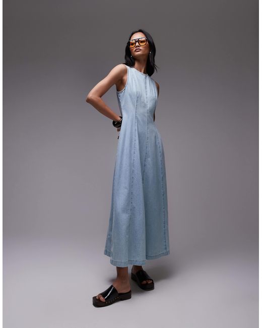 TOPSHOP Denim Full Seamed Maxi Dress in Gray | Lyst