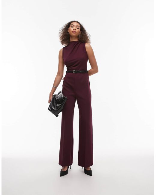 Mango High Neck Belted Jumpsuit in Red | Lyst