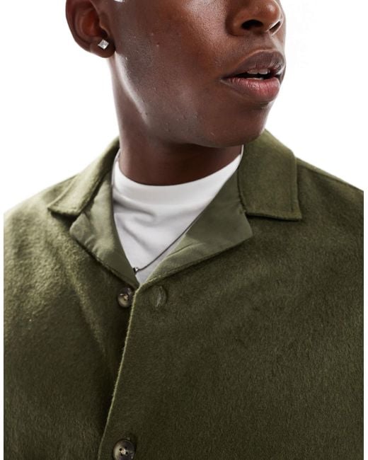ASOS Brushed Wool Look Overshirt With Revere Collar in Green for Men | Lyst