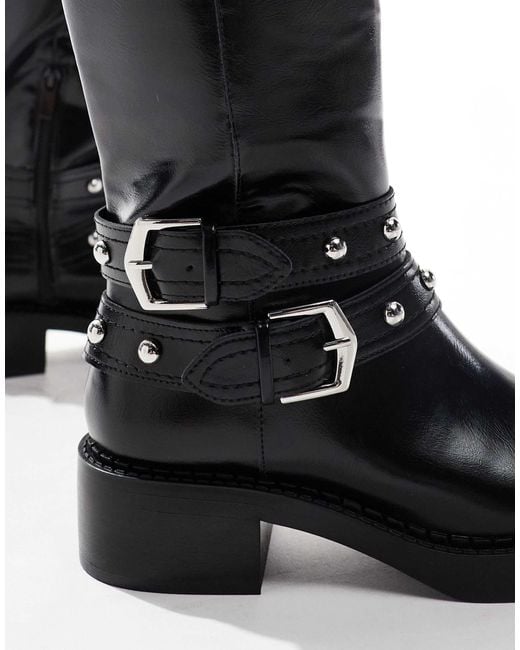 Stradivarius Buckle Detail Heeled Knee High Boot in Black | Lyst