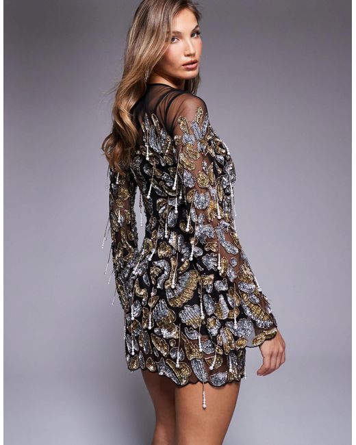 ASOS Encrusted Embellished Mesh Mini Dress in Gray | Lyst