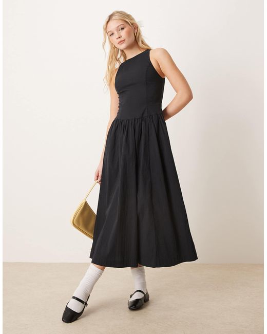 Abercrombie & Fitch High Neck Drop Waist Midi Dress in Black | Lyst