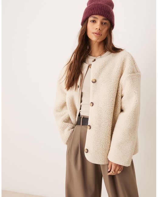 ASOS Borg Jacket With Suedette Piping in Natural | Lyst