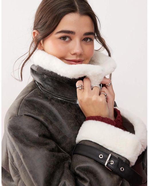 Miss Selfridge Distressed Faux Leather Contrast Aviator Jacket in Pink ...