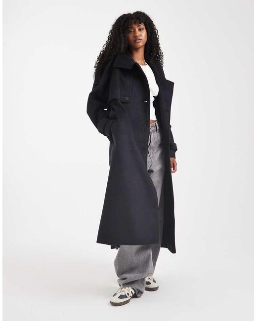 ASOS Brushed Longline Funnel Neck Trench Coat in Blue | Lyst UK
