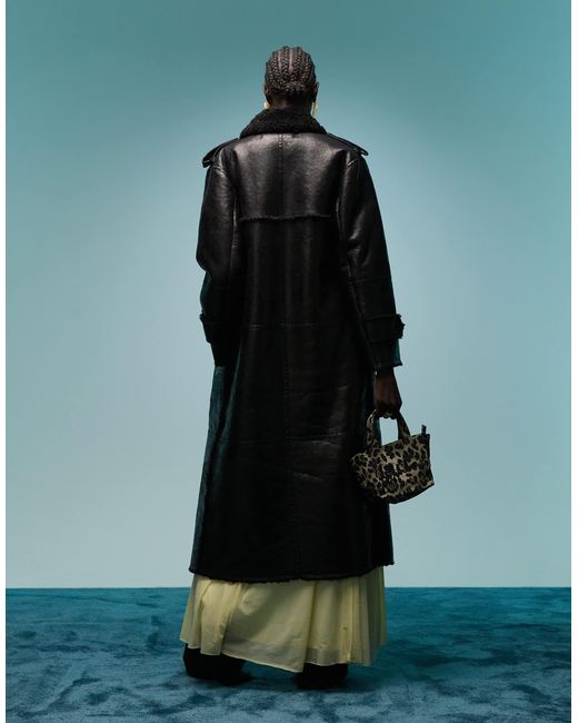 Bimba Y Lola Longline Borg Faux Leather Coat in Green | Lyst