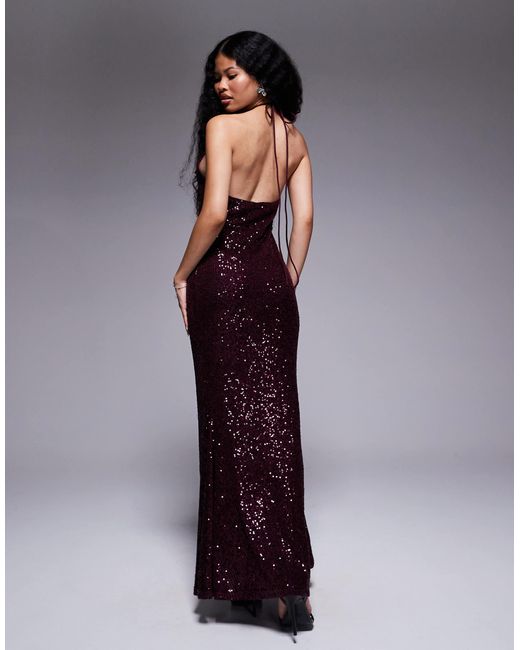 ASOS Asos Design Petite All Over Sequin Halter Maxi Dress in Purple | Lyst