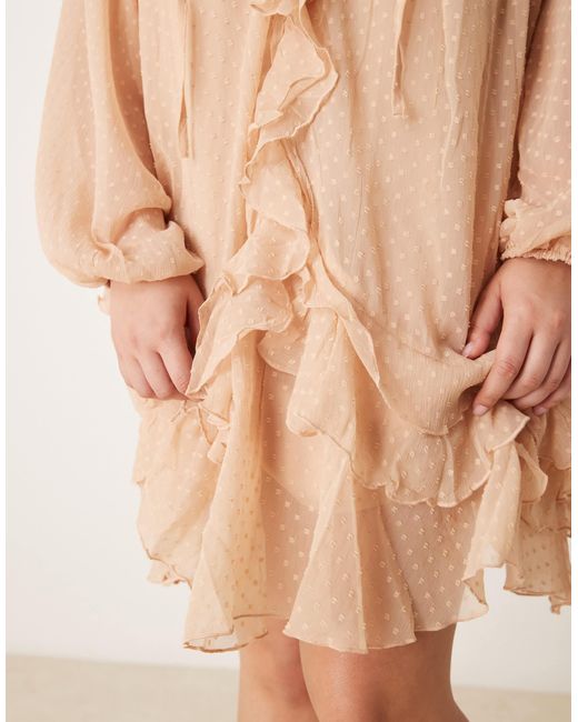 ASOS Asos Design Curve Dobby Chiffon Mini Dress With Ruffles & Blouson Sleeve in Natural | Lyst