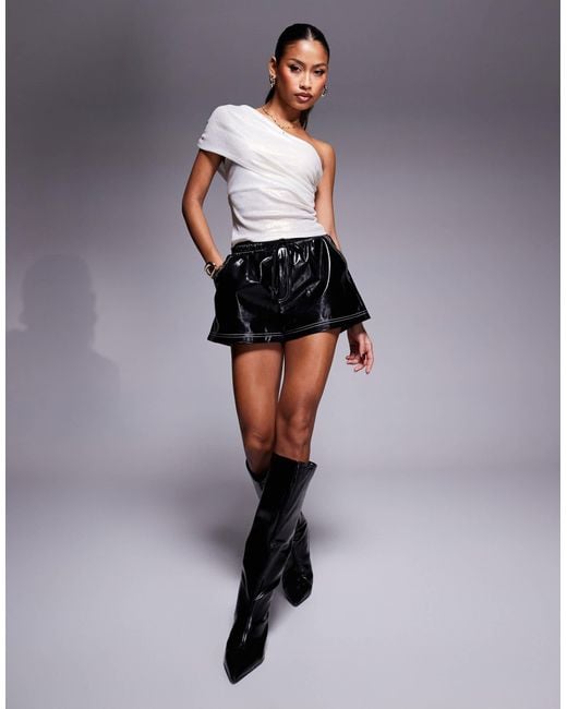 ASOS Ruched Side Fallen Shoulder Top in Metallic | Lyst