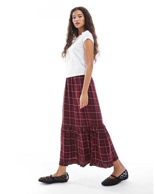 Wednesday's Girl Grid Check Ruffle Detail Midaxi Skirt in Red | Lyst UK