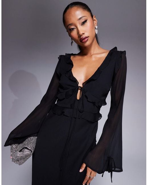 ASOS Tie Front Ruffle Midaxi Dress With High Low Hem in Blue | Lyst