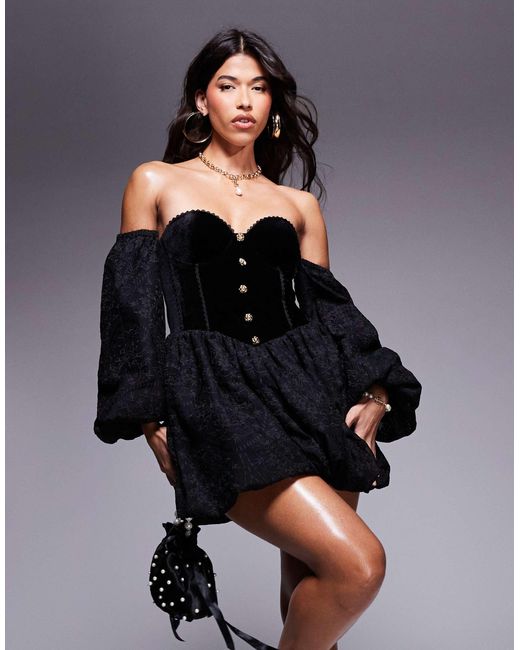 ASOS Velvet Bardot Mini Dress With Lace Sleeve And Gold Buttons in Red ...