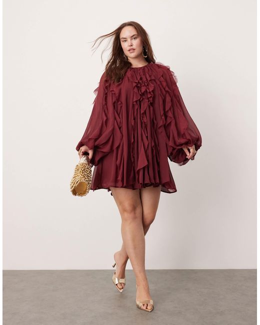 ASOS Curve Raw Edge Ruffle Mini Dress With Balloon Sleeve in Brown | Lyst