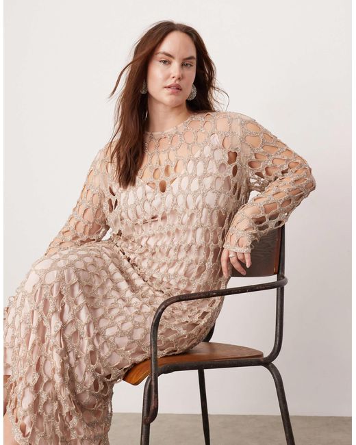 ASOS Curve Embellished Circle Cut Work Midaxi Dress in Natural | Lyst
