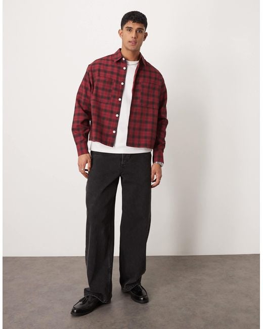 ASOS Oversized Boxy Flannel Shirt With Double Pocket in Red for Men | Lyst