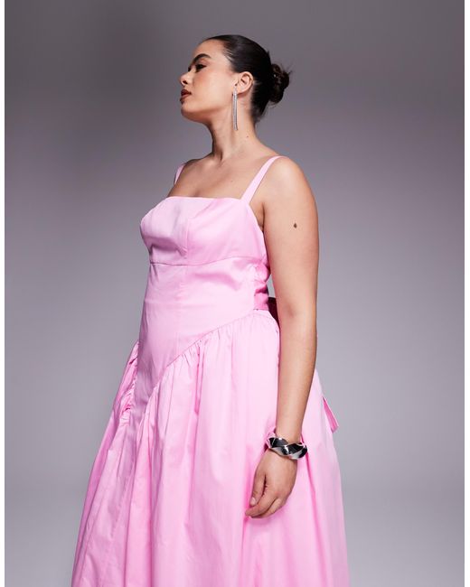 ASOS Curve Cotton Sateen Cinched Waist Bow Back Maxi Dress in Pink | Lyst
