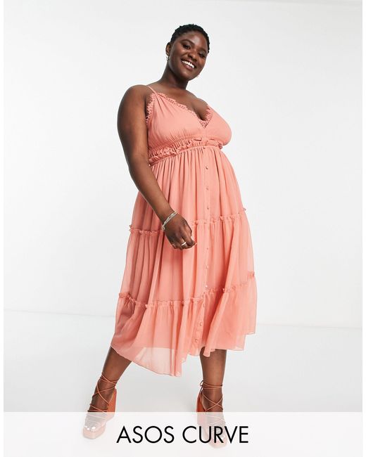 Asos Asos Design Curve Button Through Tiered Midi Dress With Lace Trim