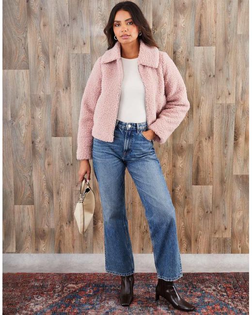 Threadbare Collared Zip Up Borg Bomber Jacket in Pink | Lyst UK