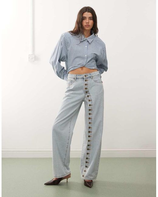 Lioness Penny Asymmetric Button Detail Wide Leg Jeans in Blue | Lyst UK