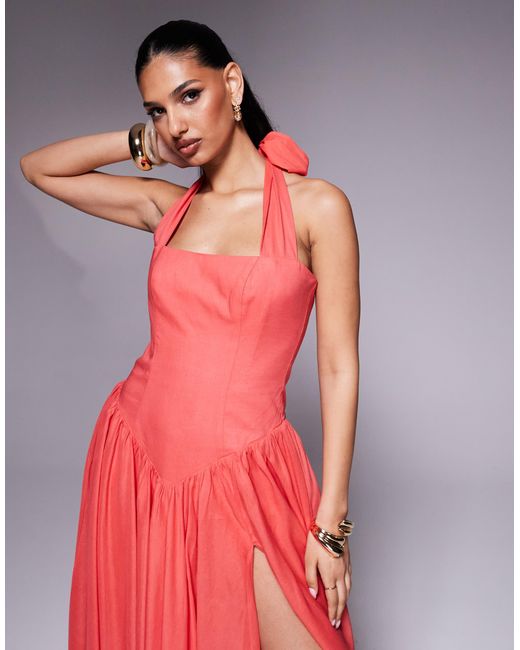 Bardot Halter Neck Drop Waist Maxi Dress in Red | Lyst