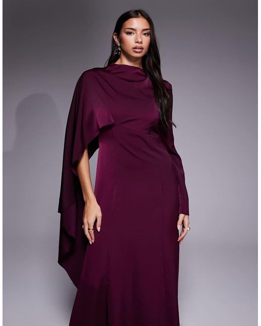 ASOS Asymmetric Cape Detail Long Sleeve Maxi Dress in Purple | Lyst UK