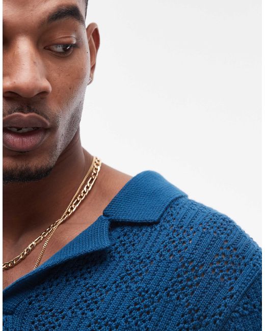 TOPMAN Crochet Pattern Polo in Blue for Men | Lyst