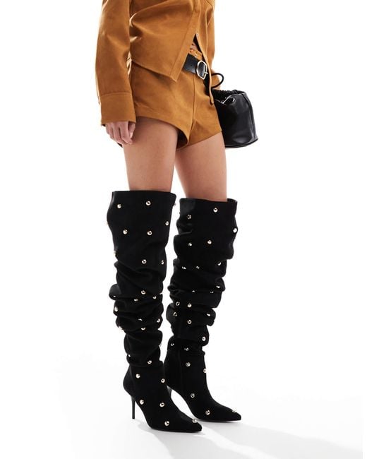 ASOS Karma Studded Heeled Over The Knee Boots in Black | Lyst