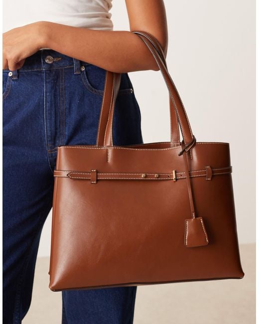 Mango Faux Leather Buckle Detail City Bag in Brown | Lyst