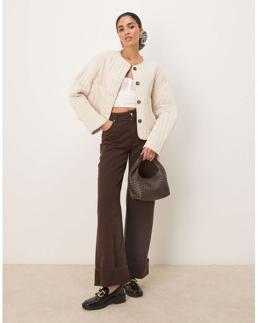 ASOS Linen Crop Collarless Quilted Jacket in Natural | Lyst