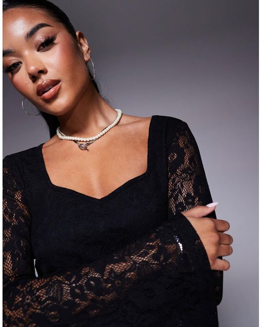 ASOS Sweetheart Lace Long Sleeve Top in Black | Lyst