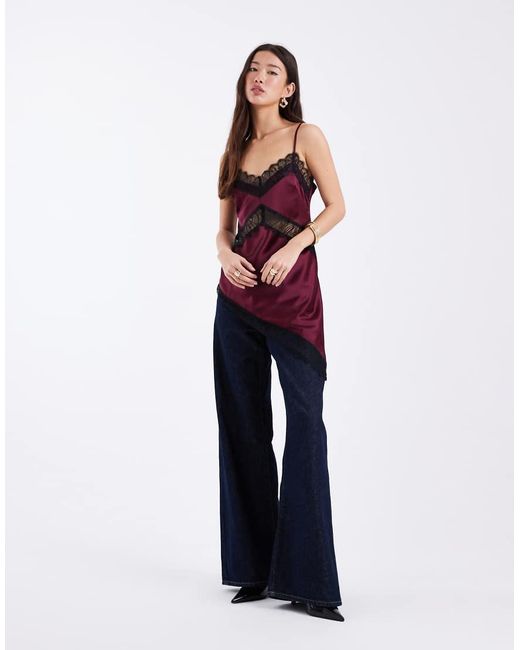 ASOS Satin Asymmetric Lace Cami in Purple | Lyst UK