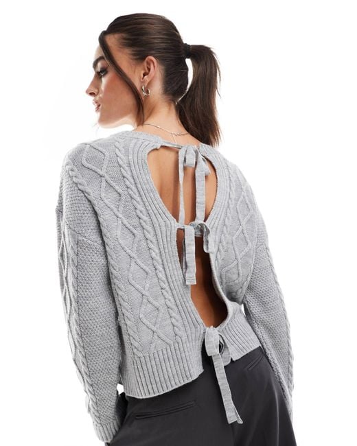 Stradivarius Bow Back Cable Knit Jumper in Gray | Lyst