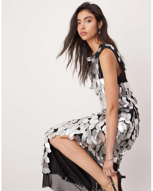 ASOS Raw Edge Irregular Sequin Open Back Midaxi Dress in Natural | Lyst