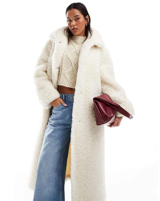 ASOS Longline Curly Borg Coat in White | Lyst UK