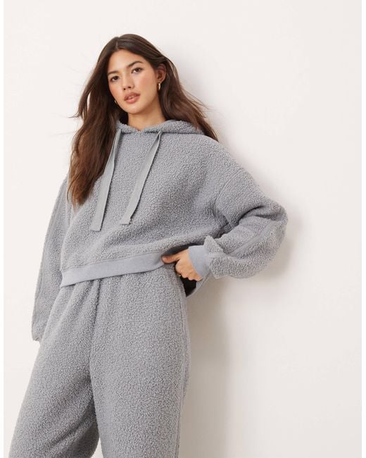ASOS Lounge Borg Cropped Hoodie & Wide Leg Trackies Set in Gray | Lyst