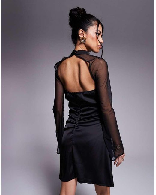 In The Style X Perrie Sian Exclusive High Neck Flared Sheer Sleeve Cutout Satin Mini Dress in ...