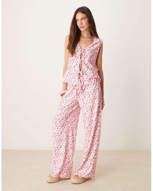 ASOS Wide Leg Tie Front Trouser in Pink | Lyst